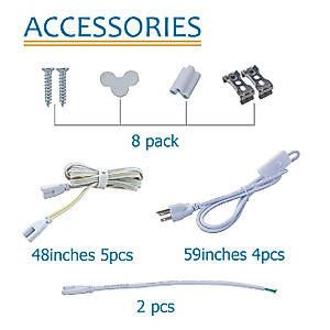 WAHADI 8-Pack T8 4FT LED Shop Light Fixture 24W 4 Foot Integrated TubeLight, Milky Cover 6000K Daylight Single Strip Indoor Connectable Lamp