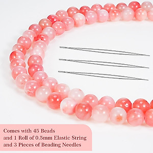 Ecally Natural Gemstone Beads for Jewelry Making, Pink Crystals Marbles Kit,8 mm Marble Beads,45 PCS Round Beads, Crystal Beads for Bracelets Making Bead Cord Needles, Adult (Pink White)