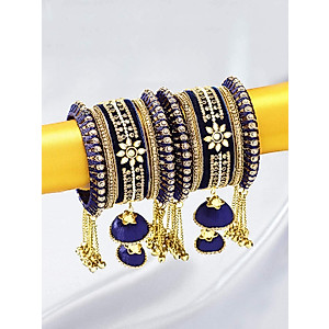 Aheli Wedding Party Designer Velvet Faux Stone Studded Bridal Bangle Set Chuda with Hangings Indian Traditional Ethnic Fashion Jewelry for Women