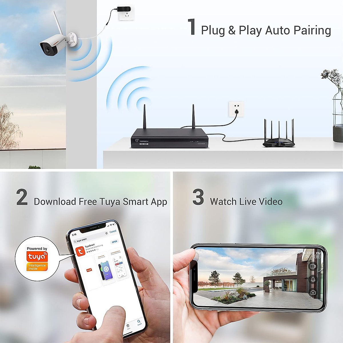 TIGERSECU 1080P WiFi NVR Security Camera System with 1TB Hard Drive, 8 Channel NVR, Weatherproof Cameras, Two Way Audio, Siren, AI Human Detection