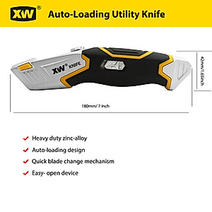 XW Auto Loading Utility Knife, 3-Position Retractable Box Cutter with 5 Pre-loaded Blades, Bonus 10 Blades Included
