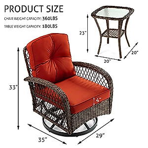 SHA CERLIN 3 Pieces Patio Furniture Set, Outdoor Swivel Glider Rocker, Wicker Patio Bistro Set with Rocking Chair, Cushions and Table (Red)