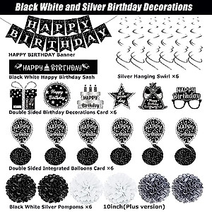 Birthday Decorations Black Silver White, Happy Birthday Party Decorations for Women Girls Men Boys, Happy Birthday Banner, Double-Sided Bday Pattern Card, Birthday Sash, 9 Pompoms, 6 Hanging Swirl Set