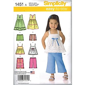 Simplicity 1451 Easy to Sew Toddler Girl's Dress, Top, Cropped Pants, and Shorts Sewing Patterns, Sizes 1/2-4