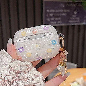 PHOEACC Cute Airpod Pro 2 Case (2022) Flower with Glitter Shell Pearl Keychain Marble Hard TPU Protective Cover Compatible with AirPods Pro 2nd Generation Case for Girls Teens Women (Floral White)