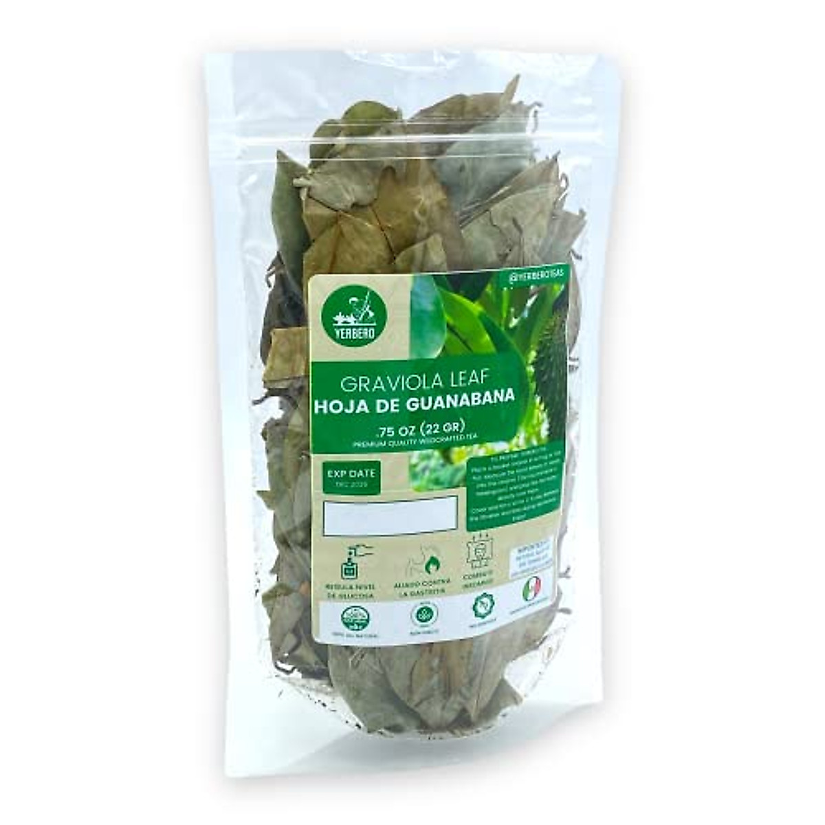 Yerbero - Hoja De Guanabana Entera ( .75 oz - 22gr ) Whole Dried Graviola Soursop Guanabana Leaves, Organic Whole Leaf ,100% All Natural Delicious| 20+ Servings | From Mexico | Premium Wildcrafted Quality.
