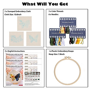 GLTAYLMY 3 Pack Embroidery Kits with Butterfly Pattern for Beginner Adults,Cross Stitch Kits with 1 Plastic Embroidery Hoops,Needles and Color Threads,Needlepoint Kit for Adults