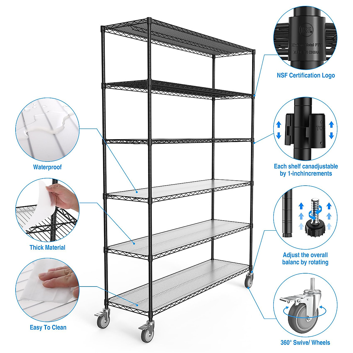 LOPOO 6-Tier Wire Shelving Unit, 6000 LBS Height Adjustable Metal Garage Storage Shelves w/Wheels, Heavy Duty Wire Rack, Industrial-Grade Steel Construction, Versatile Storage Solution for Home, Black