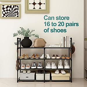 MOCINE 4-Tier Shoe Rack, Black Metal Shoe Racks, Stackable Shoe Shelf with Multifunctional Hooks, Hold 20 Pairs, Space saving shoe rack, Shoes rack for closet,