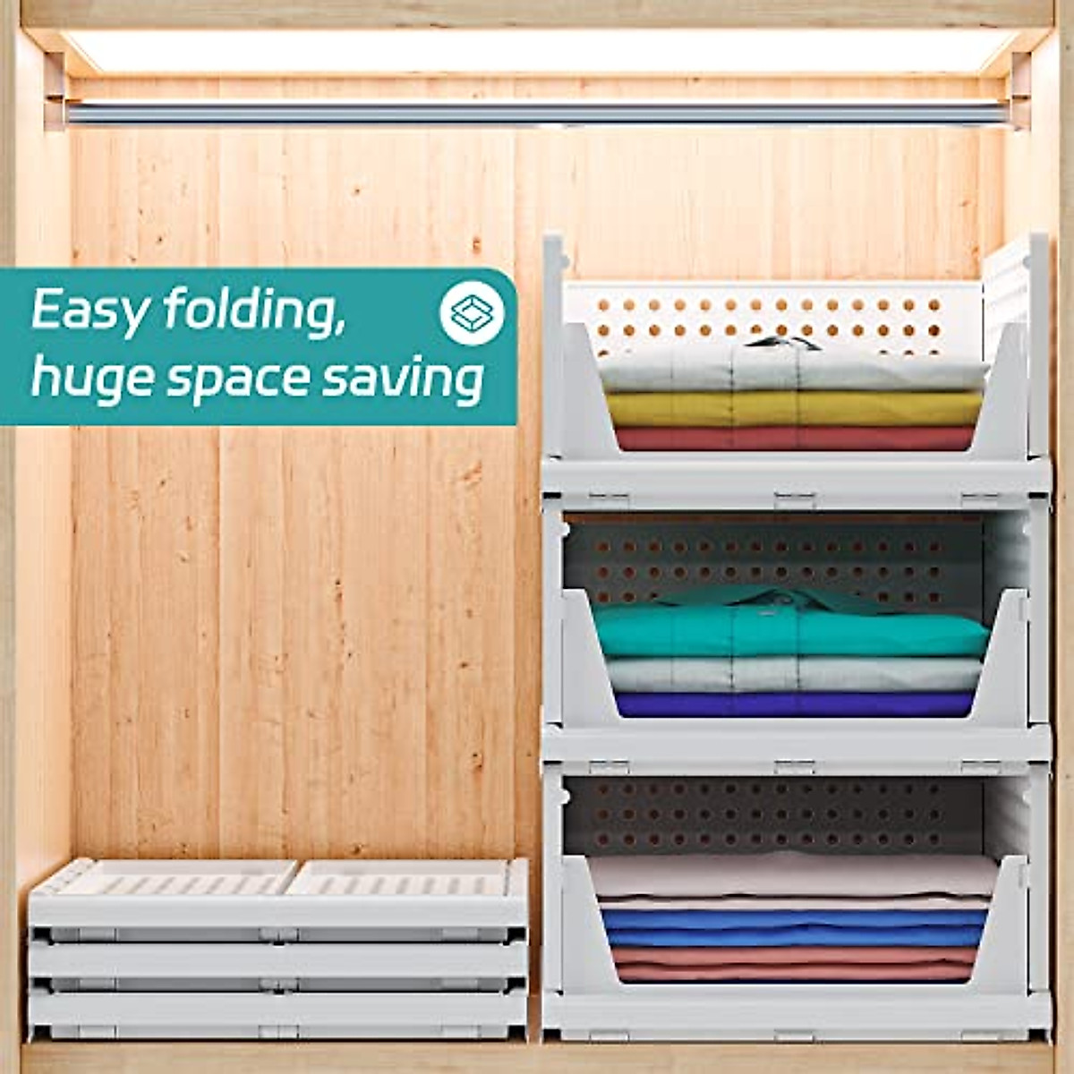 MVSRWLL Stackable Plastic Storage Basket Bin Shelf Box for Closet Wardrobe Organizer 8 Pack Foldable Clothes Drawer Storage Container for Cupboard Kitchen Bathroom Bedroom Office (White)(4L4S)