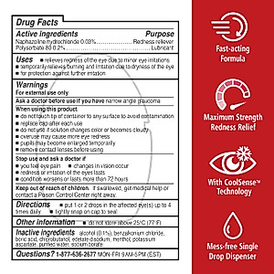 Rohto Max Strength Redness Reliever, Lubricant Eye Drops, Fast, Cooling Relief for Red, Dry, Itchy Eyes,Redness and Dry Eye Symptom Relief, Refreshing Eye Drops, 0.4 fl oz (3 Pack)