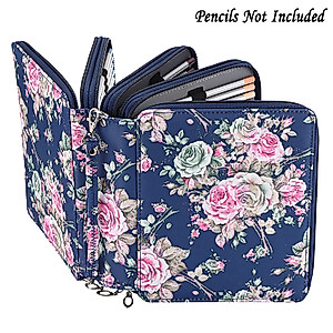 BTSKY Colored Pencil Bag- 160 Slots Pencil Holder Pen Bag Large Capacity Pencil Organizer with Handle Strap Handy Colored Pencil Box with Printing Pattern (Dark Blue Rose)