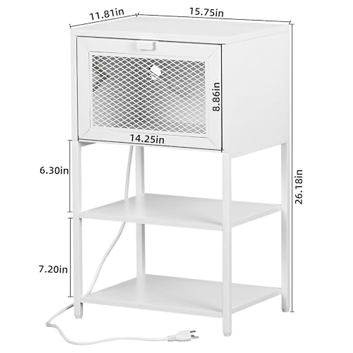LEBOAHOUS Nightstand with Charging Station and USB Port, 3 Tier Industrial Night Stand, Bedside Table with Flip Storage Drawer and Open Shelf, End Side Table for Bedroom, Office, Dorm 26.2''H (White)