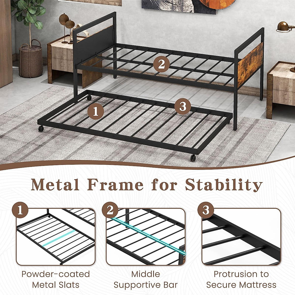 KOMFOTT Twin Size Metal Daybed with Trundle, Daybed Frame with Wooden Headboards, Metal Slat Support, Saving Space Metal Sofa Bed Frame for Living Room, Bedroom, Apartment, No Box Spring Needed