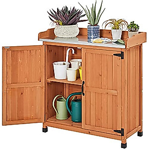 Topeakmart Potting Bench Table - Wooden Storage Cabinet with Removable Shelf & Flexible Space & Metal-Plated Tabletop for Outdoor Garden Patio,Brown