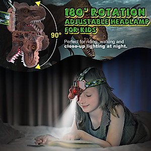 ELLA MAMA Upgraded Rechargeable Dinosaur Headlamp for Kids, Led Flashlight for Boys or Girls Outdoor Camping Gear, Roar & Silent Mode- Ideal Gift for Birthday, Halloween, Christmas