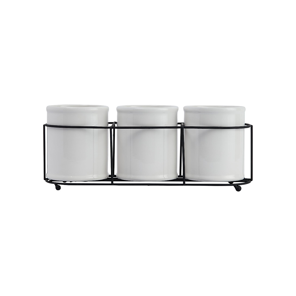 Creative Co-Op Farmhouse Ceramic Crocks in Metal Holder, White and Black