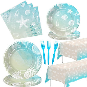 HIPVVILD Seashell Beach Party Supplies, Beach Seashell Theme Table Decorations, Shell Plate, Napkin, Tablecloth, Fork, Ocean Sea Shell Party Tableware For Birthday Baby Shower Wedding Party | Serve 24