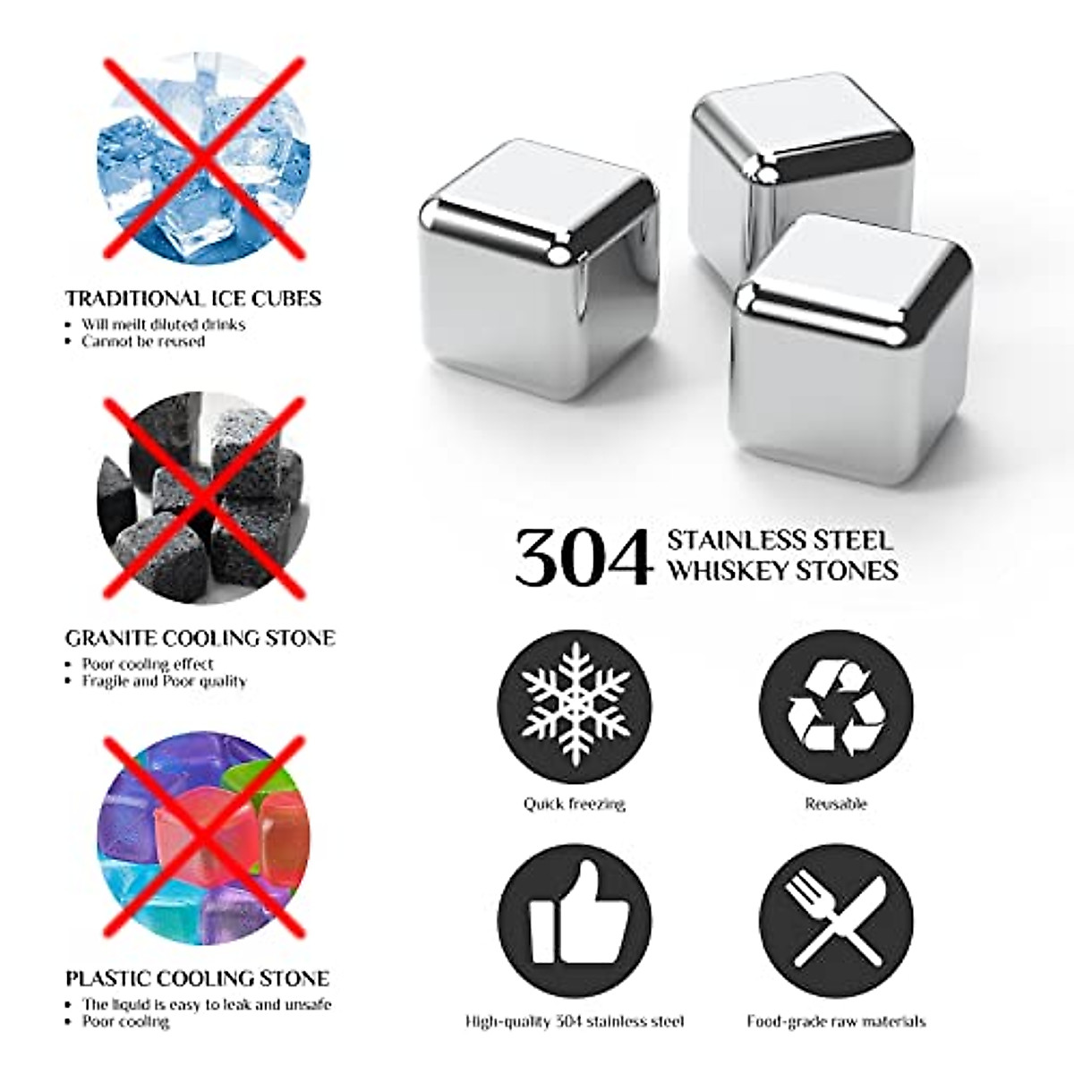 Whiskey Stones Gifts Set, Kollea 6 Pack Stainless Steel Whiskey Chilling Rocks, Reusable Metal Ice Cubes for Drinks Whiskey, Mens Stocking Stuffers for Christmas