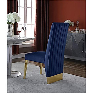 Meridian Furniture Porsha Collection Modern | Contemporary Dining Chair with Deep Channel Tufted Back and Sturdy Metal Legs, Set of 2, 19.5" W x 27" D x 42" H, Navy Velvet Upholstered