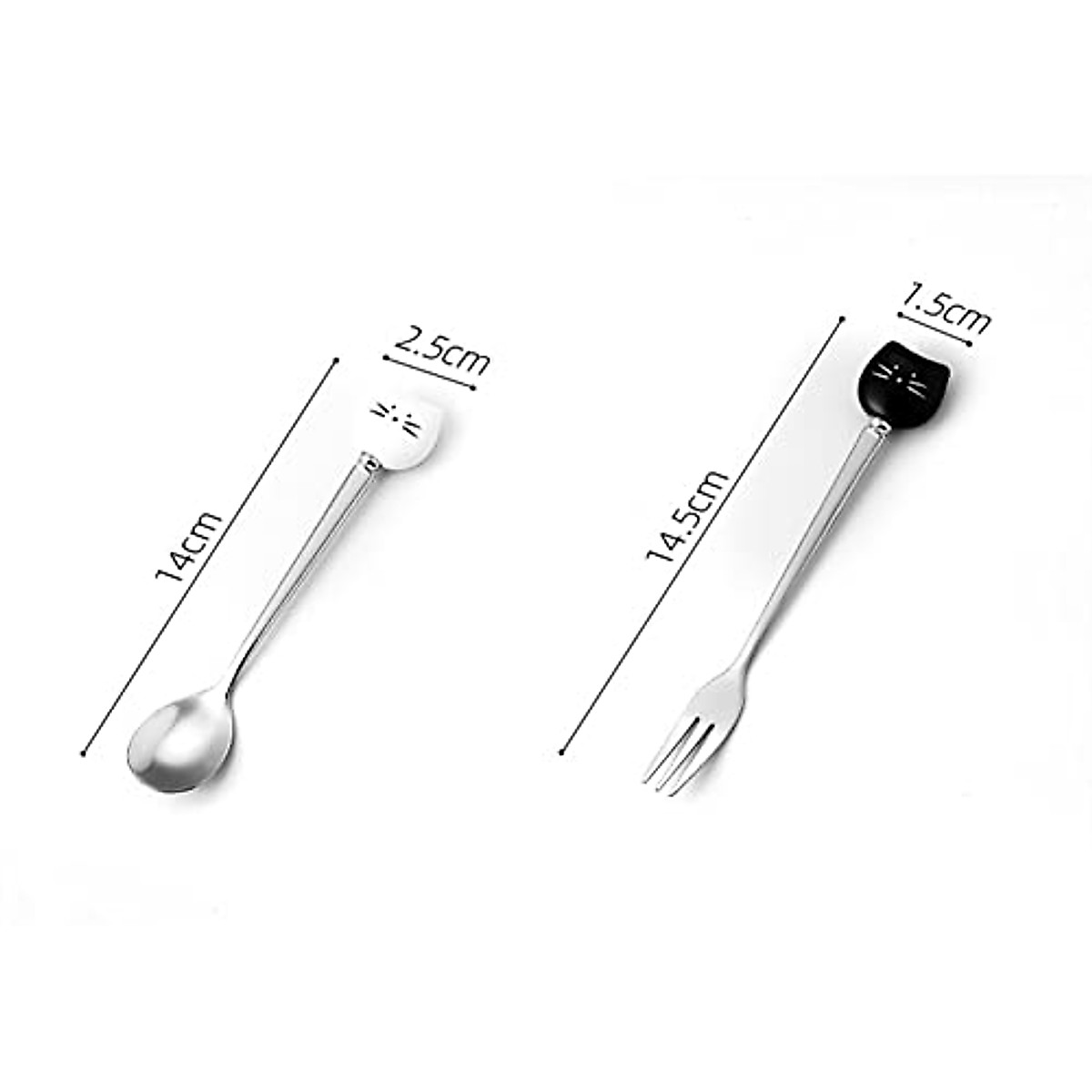 Cute Cat Coffee Spoon and Fork Set, Ceramic Stainless Steel Cat Dessert spoon Drink Spoons Fruit Fork, 5.7/7.2 Inch (5.7 inch, White&Black(Spoon+Fork Set A))