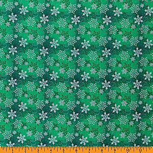 Mook Fabrics Cotton 2024 Christmas Snowflakes, Green Cut by The Yard