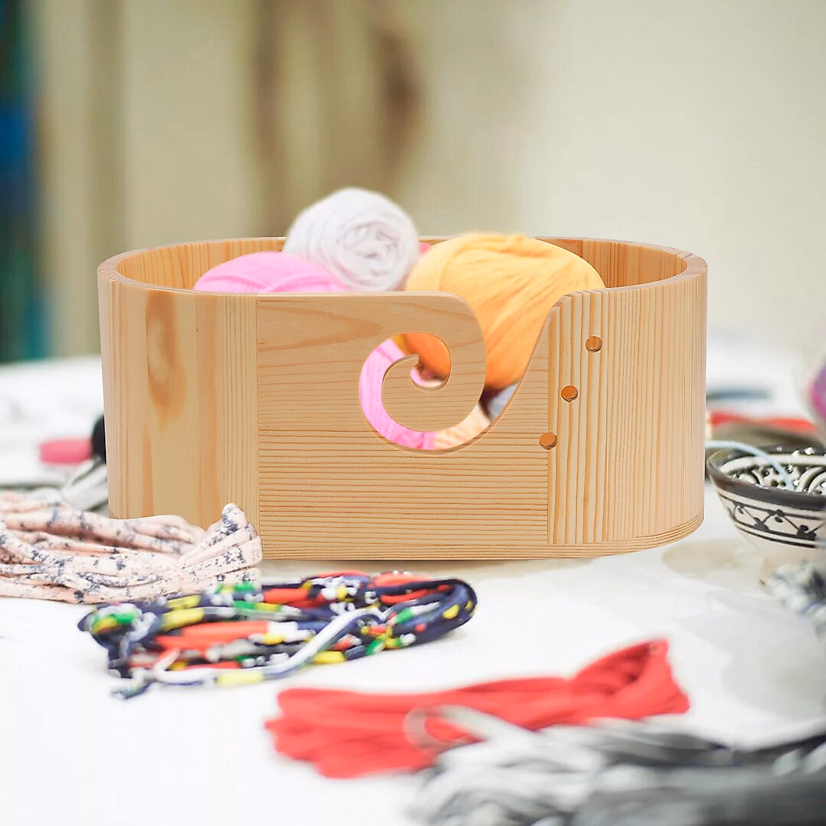 MTJYQYF Wooden Knitting Bowl Yarn Bowl - Crochet Bowls for Yarn, Handmade Yarn Holder Bowl for Crocheting and Knitting Gift for Mom Wife Girlfriend & Knitting Lovers - 11x6.1x4.7 in