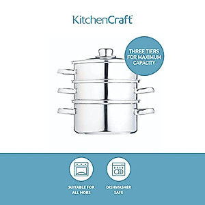 KitchenCraft KCCVSTEAM16 3 Tier Food Steamer Pan/Stock Pot in Gift Box, Induction Safe, Stainless Steel, 16 cm