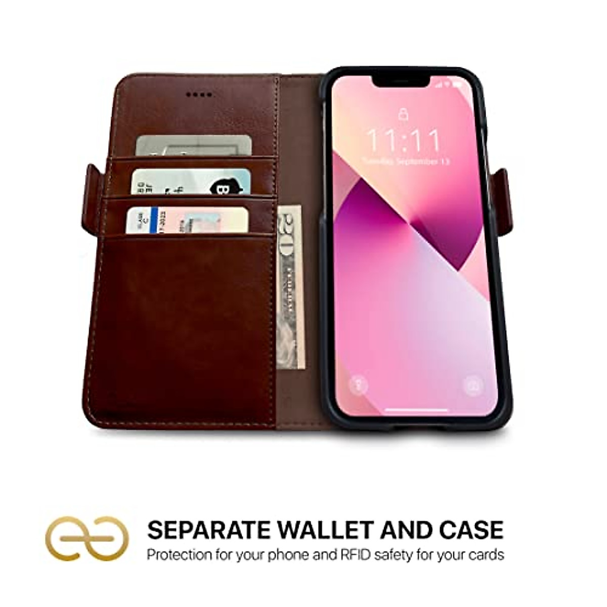 Dreem Fibonacci 2-in-1 Wallet Case for Apple iPhone 13 - Luxury Vegan Leather, Magnetic Detachable Shockproof Phone Case, RFID Card Protection, Magsafe Compatible - Coffee