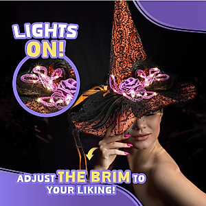 UNKENBO Orange LED Light Witch Hats for Women - Fancy Light Weight Halloween Witch Hat with Cute Lace and Large Hat Brim Unique Halloween Designs and Purple Feather for Witch Costume Size: 20 inch