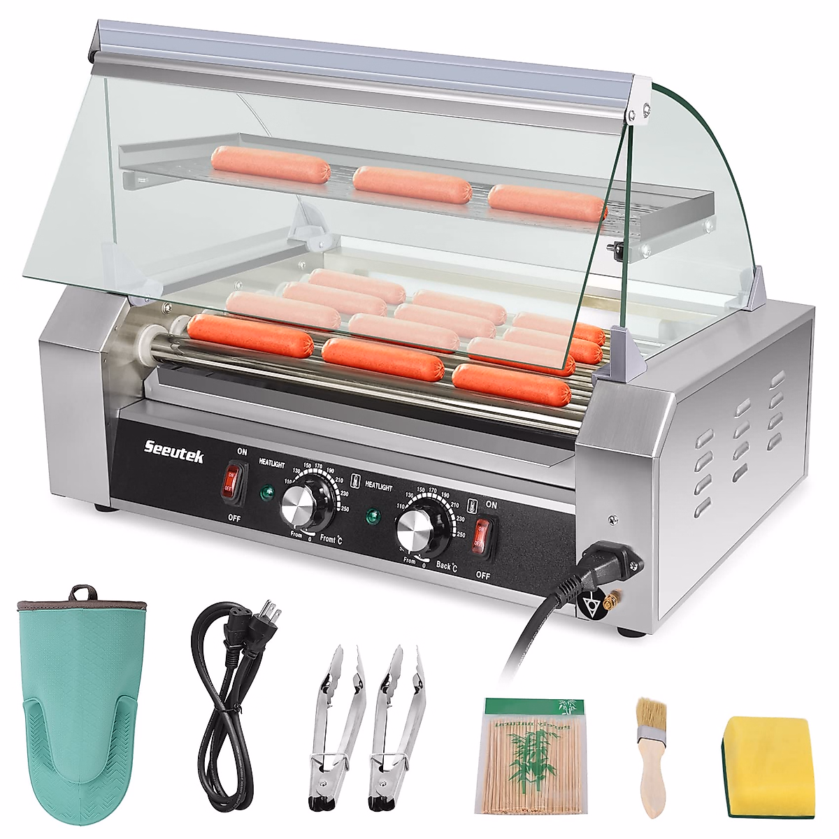 Seeutek Hot Dog Roller 7 Rollers 24 Hot Dogs Capacity 1100W Stainless Hot Dog Toaster With LED Light, Hot Dog Machine W/Dual Temp Control Glass Hood Acrylic Cover Warmer Shelf Removable Oil Drip Tray