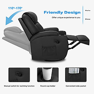 YESHOMY Swivel Rocker Recliner with Massage and Heating Functions, Sofa Chair with Remote Control and Two Cup Holders, Suitable for Living Room, Dark Black