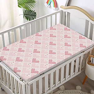 Valentine's Day Themed Fitted Mini Crib Sheets,Portable Mini Crib Sheets Soft and Breathable Bed Sheets-Great for Boy or Girl Room or Nursery,24“ x38“,Pastel Pink and Rose