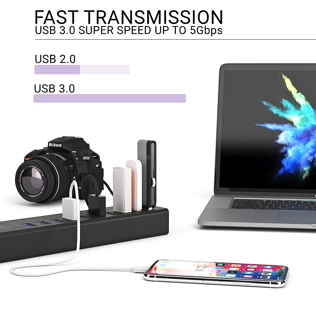 BrovSS: 10 Port Powered USB 3.0 Hub Aluminum with 4 IQ Ports - USB 3 Splitter with 12V 3A 36W Power Adapter. Connect up to 10 Electronics and USB peripherals (Black)