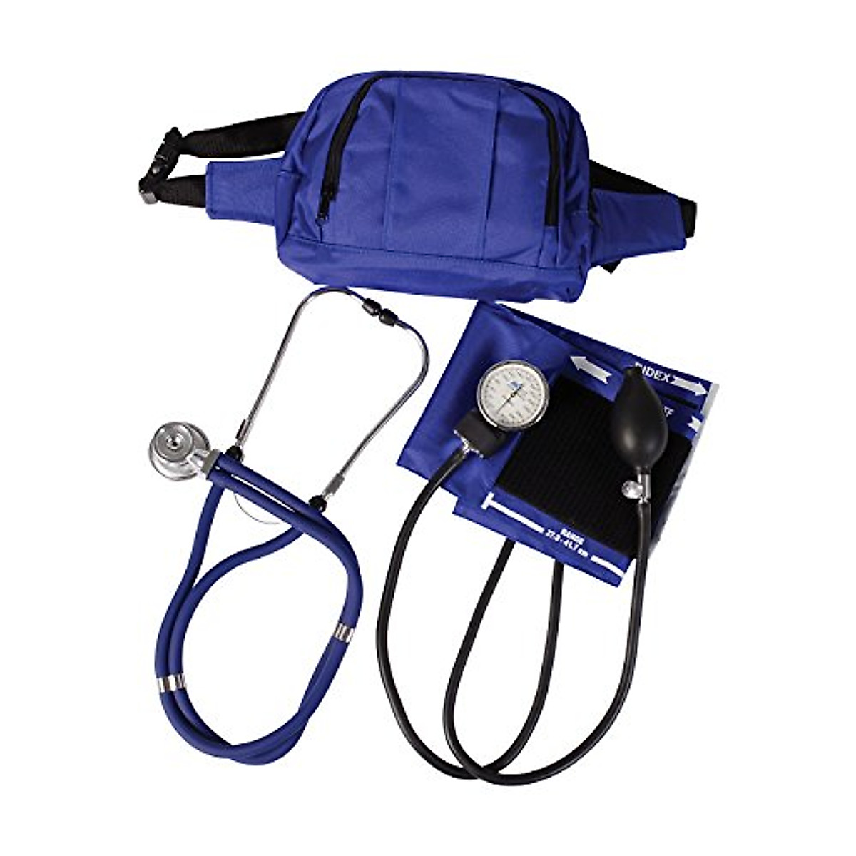 MABIS MatchMates Aneroid Sphygmomanometer Manual Blood Pressure Monitor Fanny Pack Kit with Calibrated Adult Nylon Arm Cuff and Sprague Rappaport Stethoscope, Professional Quality, Royal Blue