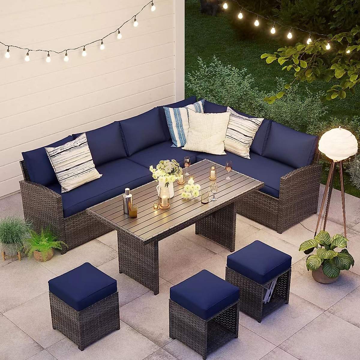 JOIVI 7 Piece Patio Furniture Set, Outdoor Dining Sectional Sofa Set with Aluminum Top Dining Table, Rattan Dining Conversation Furniture Set with Ottomans for Deck, Backyard, Navy Blue