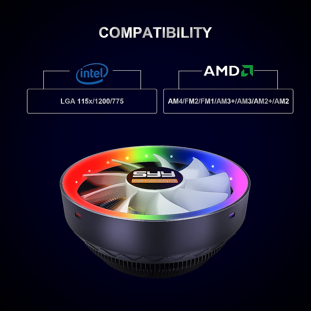 CPU Cooler, SYY 120MM RGB CPU Fan with 16.8 Million Colors 15 Addressable LED, Hydraulic Bearing, Quiet PC Cooler for Intel AMD Universal Socket