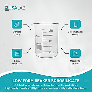 USA Lab Low Form Beakers with Extra Large Marking, 3.3 Borosilicate Glass Beaker for Chemistry Lab Test, Scientific Chemical Mixing, Multipurpose Liquid Measuring Beaker for Cocktail, Cooking, 500 ML