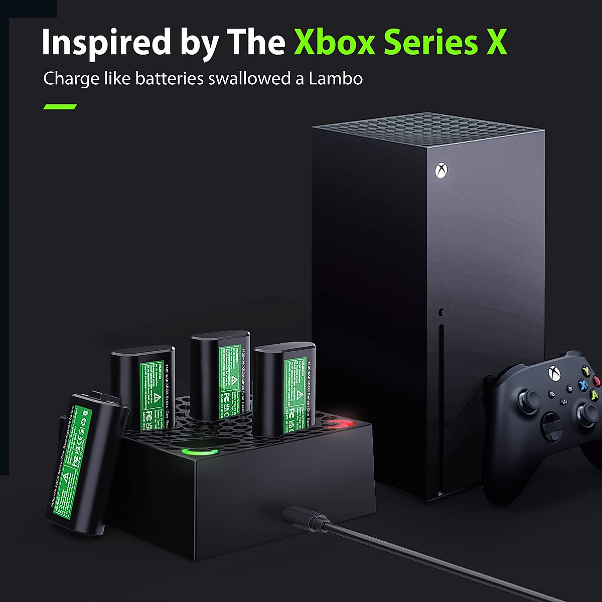 4x1400mAh Rechargeable Battery Pack with Charging Station & USB C Cable, 2 Pack Controller Holder Stand Built in Anti-Slip Pads for Xbox One, Xbox Series X
