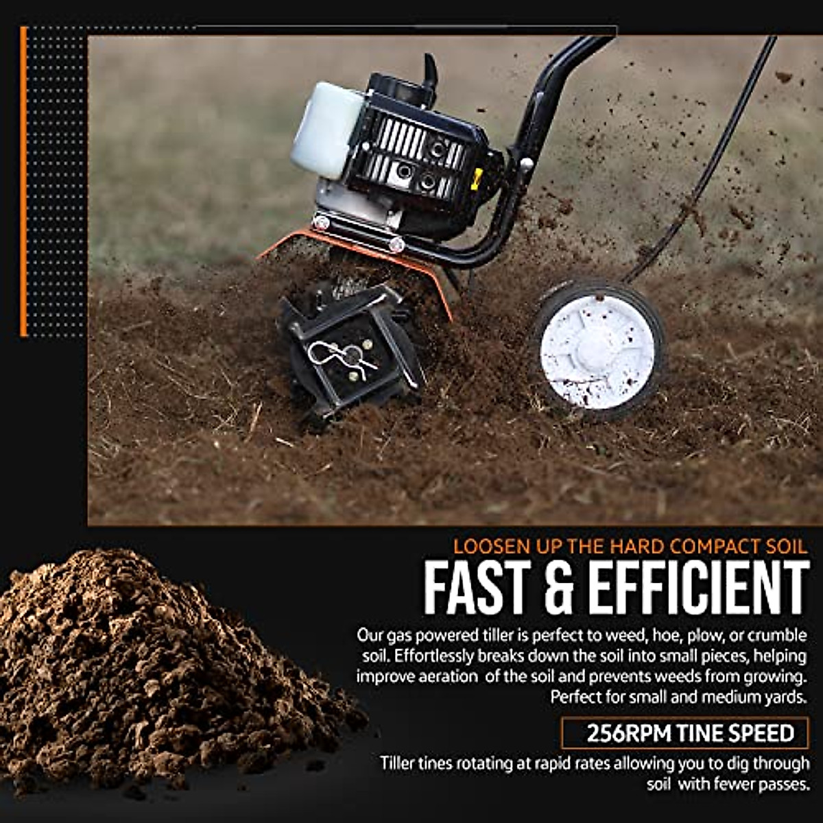 SuperHandy Mini Tiller Cultivator Super Duty 3HP 50cc 2 Stroke Gas Motor 4 Premium Steel Adjustable Forward Rotating Tines for Garden & Lawn, Digging, Weed Removal & Soil Cultivation EPA/CARB