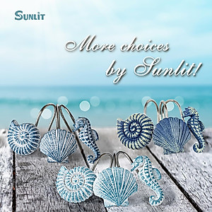 Sunlit 12-Piece Aqua Blue Resin Shower Curtain Hooks, Ocean Creatures Coastal Design, Nautical Bathroom Decoration