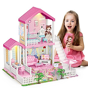 Doll House Dollhouse for Girls,STEM Dollhouse Building Toys with Play Mat,Lights,Furniture,Accessories,Doll,Pets,Pretend Play House Present for 3 4 5 6 7 Year Old Kids Girls (3 Rooms Playhouse)