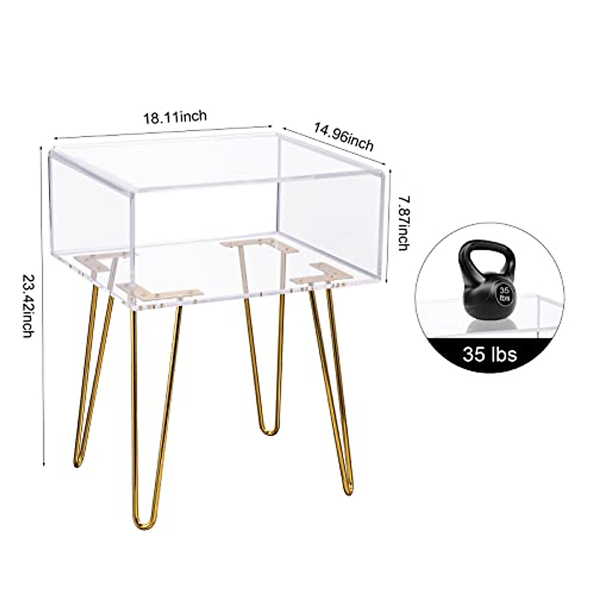 HMYHUM Acrylic Nightstand with Metal Legs, Bedside Table for Bedroom, Easy Assembly, Modern, 18.1'' L x 15'' W x 23.4'' H, Clear & Gold