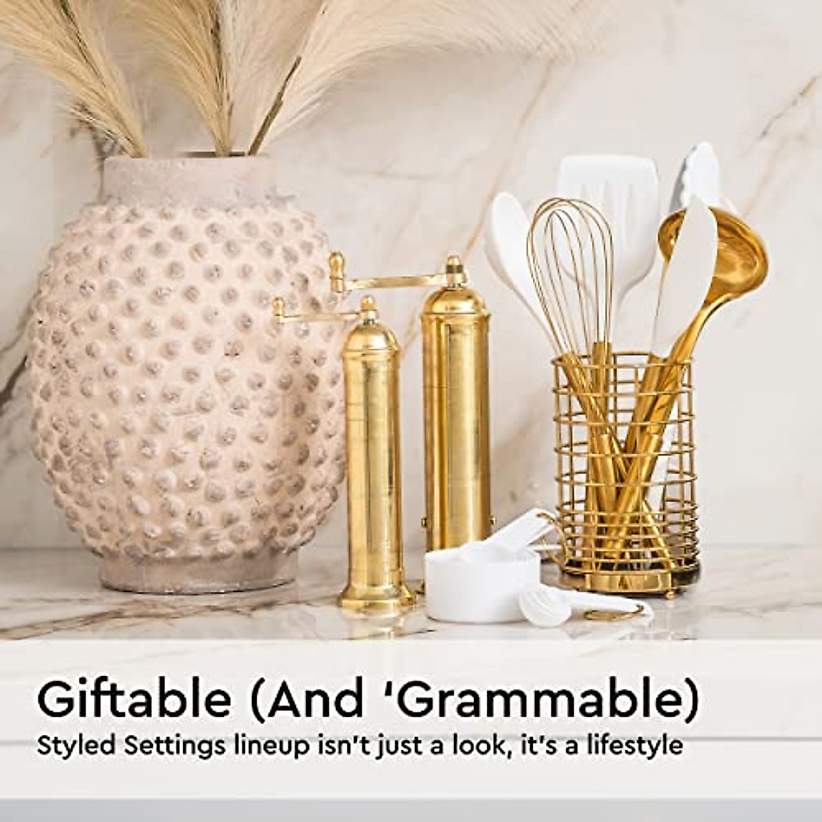 White Silicone and Gold Cooking Utensils Set with Gold Utensil Holder: 17PC Set Includes White & Gold Measuring Cups and Spoons Set,White Utensils Set,Gold Spatula,Gold Whisk -Gold Kitchen Accessories