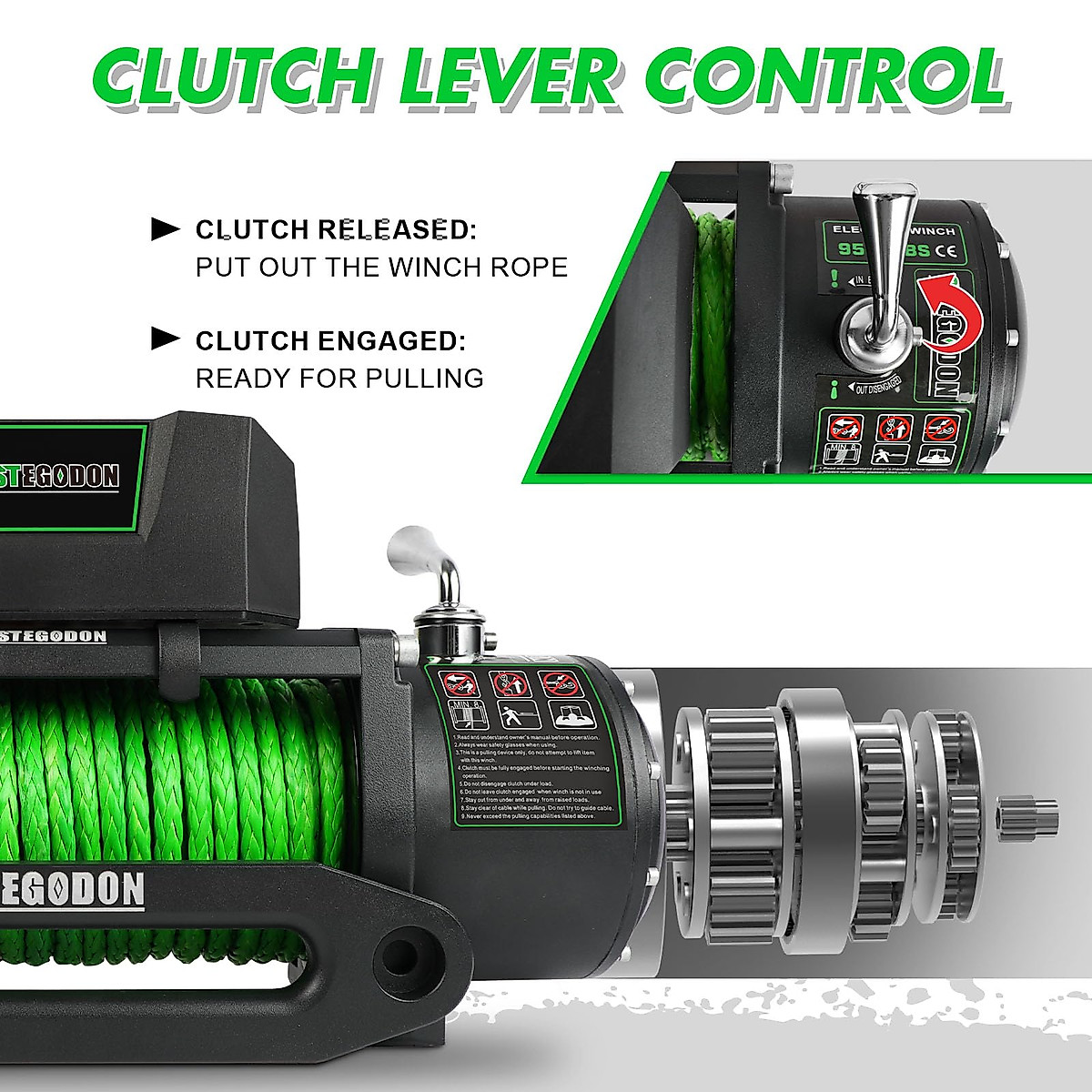 STEGODON New 9500 lb. Load Capacity Electric Winch S2,12V Waterproof IP67 Electric Winch with Hawse Fairlead, Synthetic Rope Winch with Wireless Handheld Remote and Wired Handle