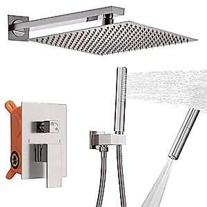 Hoimpro Shower System set with 12 Inch Bathroom Rain Mixer Shower Head and Handheld Wall Mounted, Rainfall Shower Faucet Fixture Combo with High Pressure 2 in 1 Handheld Showerhead, Brushed Nickel
