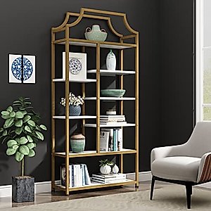 Loomie 8-Open Shelf Bookshelf, 70.87" H x 31.5" L Lux Etagere Bookcase, Tall Storage Display Modern Open Book Case for Bedroom, Home Office & Living Room, Gold Finish Metal Frame & White Shelving