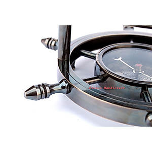 Nautical Maritime Black Antique Full Brass Sand Timer Hourglass with Wheel Compass Base