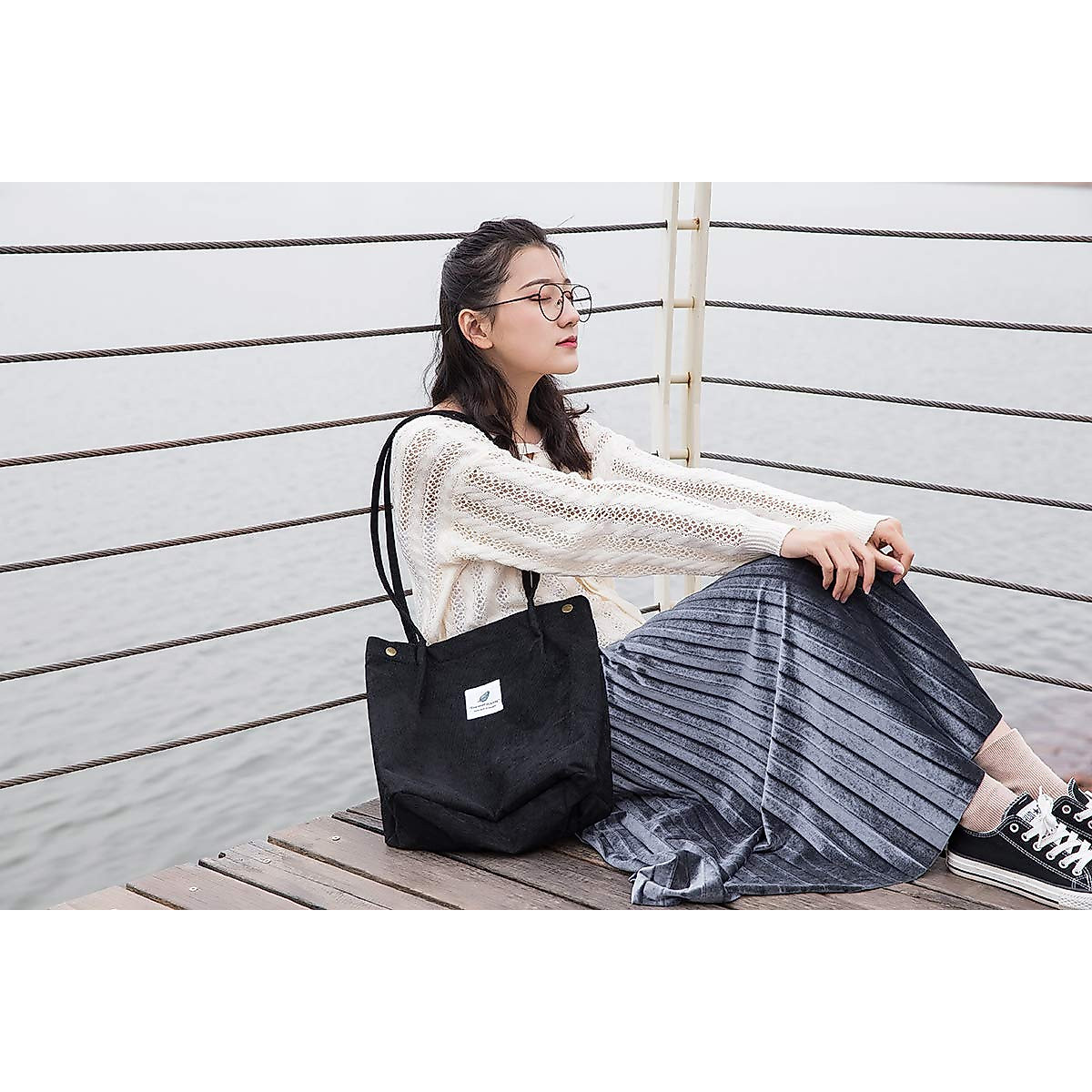 Belsmi Womens Ladies 13 Inches Corduroy Tote Bag (Black)