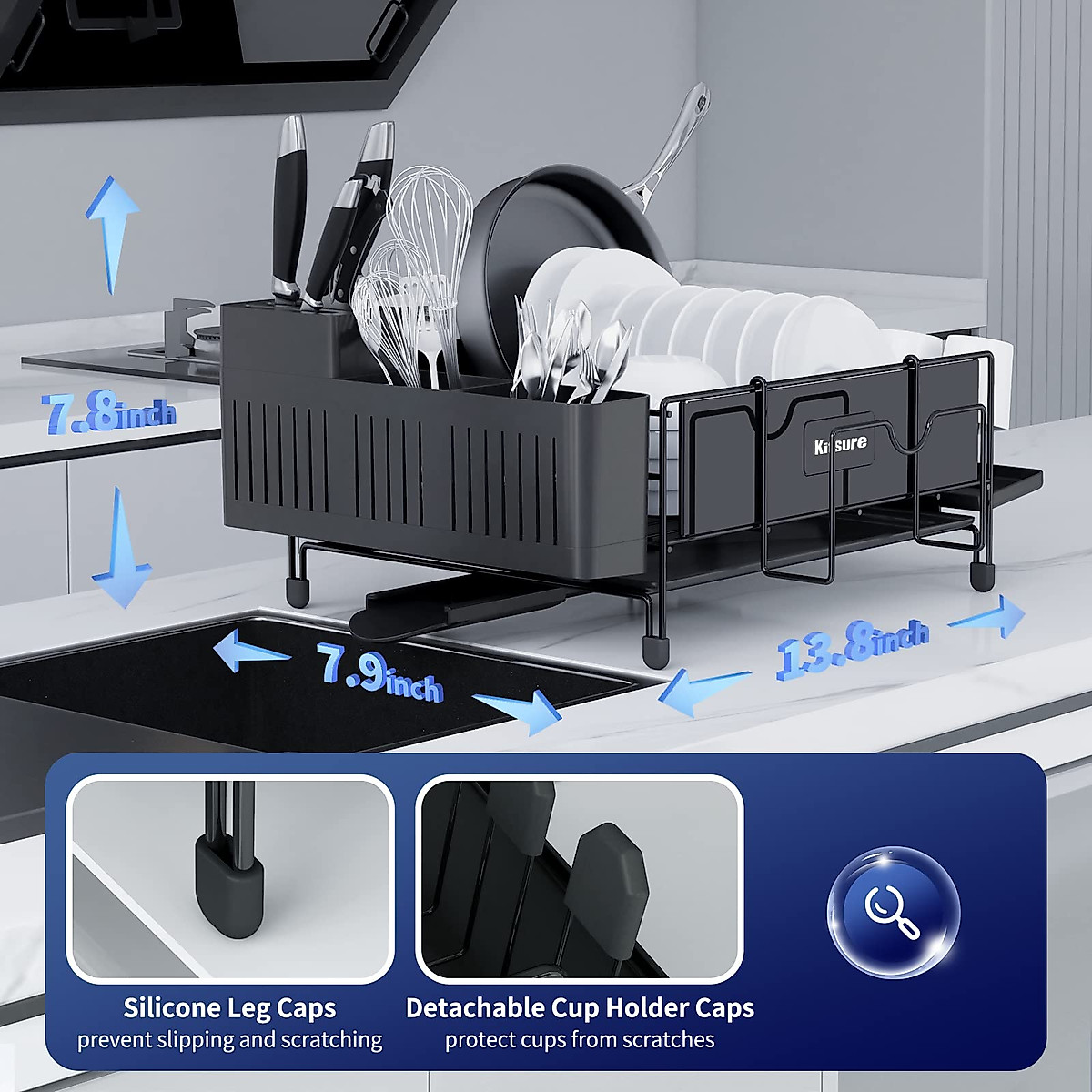 Kitsure Dish Drying Rack Large - Stainless Steel Dish Rack for Kitchen Counter, Dish Drainer with Drainboard Connected to The Sink, Dish Holder for Cups, Cutlery & Cutting Board, Black, Single-tiers